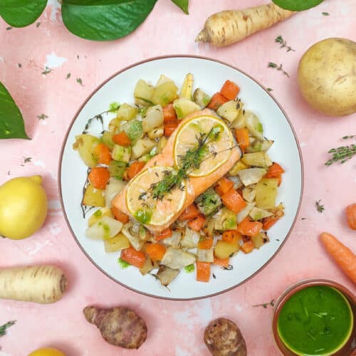 Ovnbagt laks – opskrift på ovnbagt laks med rodfrugter